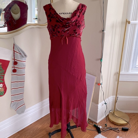 Vintage | Dresses | Vintage Ruby Red Silk Dress With Velvet Floral ...